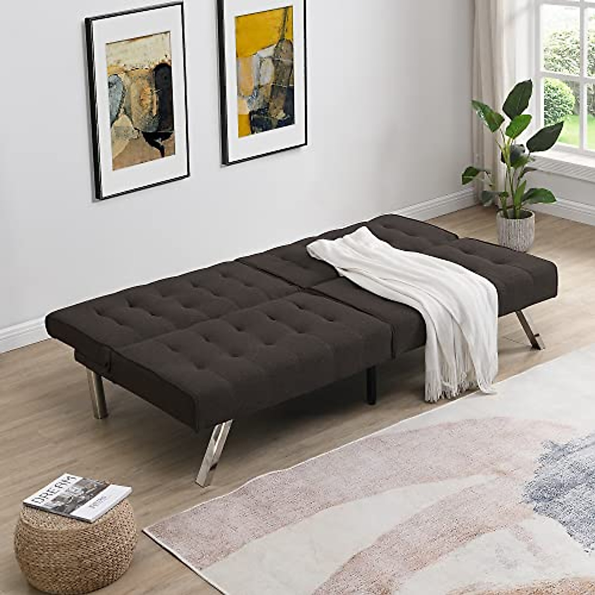 Penifun Convertible Folding Futon Sofa Bed Sleeper Couch for Living Room Linen Fabric Upholstered Loveseat, Solid Wood Frame/Stainless Leg, Espresso