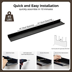 FLYJOE Picture Ledge Wall Shelves 48 inch Width Set of 4, Rustic Large Long Floating Ledge Shelves for Wall for Kid's Room Bedroom Kitchen Bathroom Living Room Nursery Display Wall Decor, Black