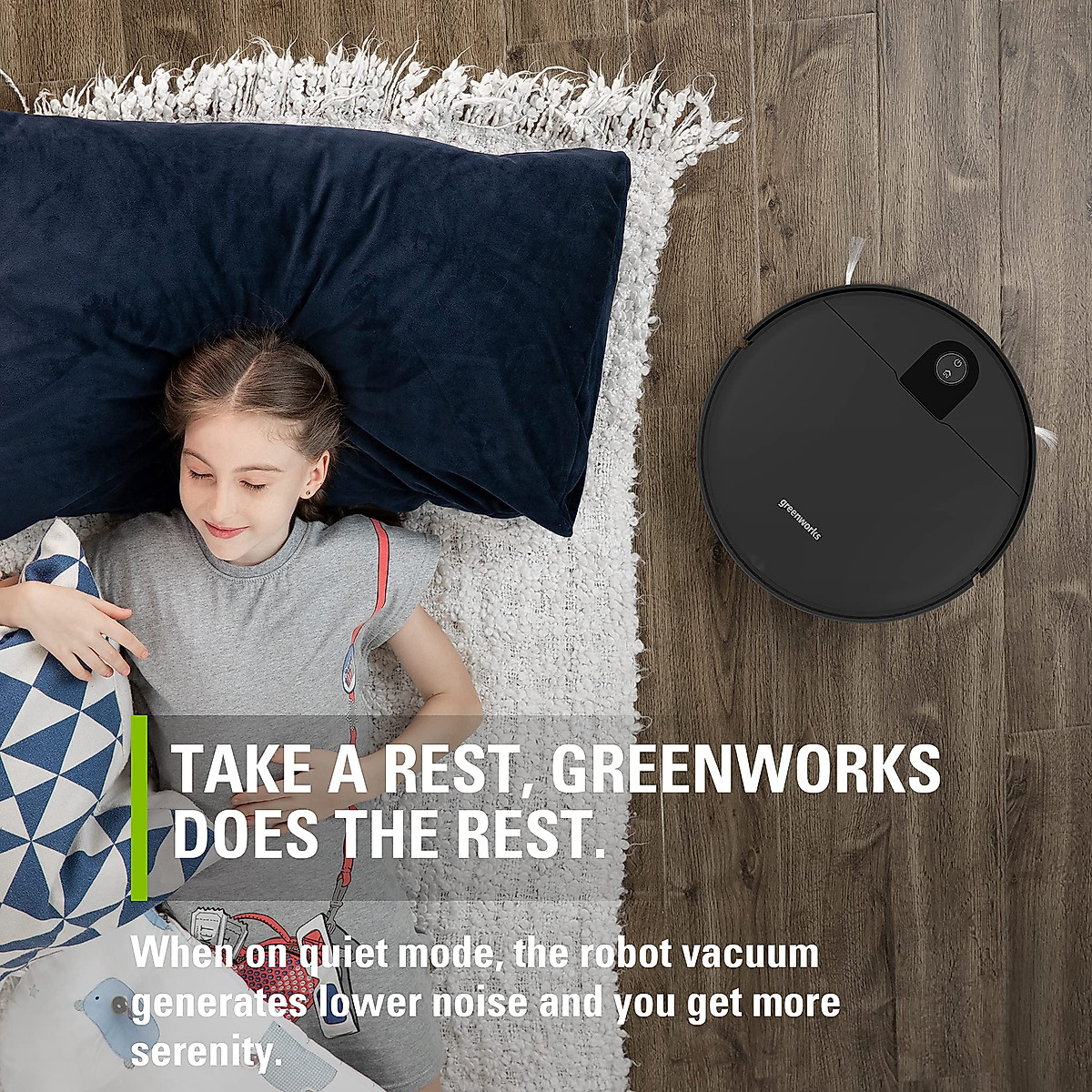 Greenworks Robotic Vacuum GRV-1010 Self-Charging, Wi-Fi Connectivity, 2200Pa Extreme Suction Power, Perfect for Pet Hair, Hard Floors, Carpets, Works with Alexa