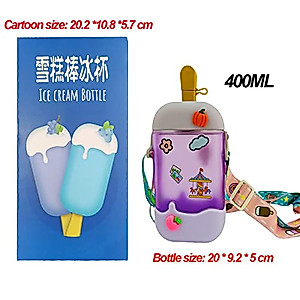 400ML/(13.5Oz) Cute Creative Ice Cream Popsicle Shape Water Bottle with Adjustable Shoulder Strap,4 Colors Available Leak Proof Drinking Bottles Suitable for Outdoor Like Travel,Sports (Purple)