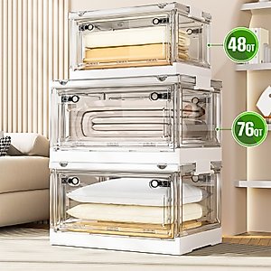 CTSNSLH 4 Tier Storage Bins with Lids, 192Quart Clear Stackable Storage Bins with Wheeled and Doors, Storage Boxes, Storage Containers, Closet Organizers and Storage