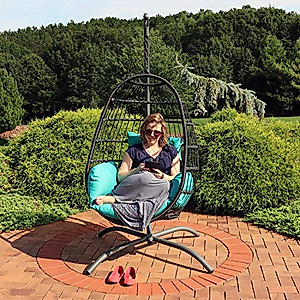 Sunnydaze Penelope Hanging Egg Chair with Seat Cushions and Stand - Black Hanging Wicker Chair with Turquoise Polyester Cushions and Powder-Coated Steel Stand - Collapsible Nylon Back Design - 78-Inch