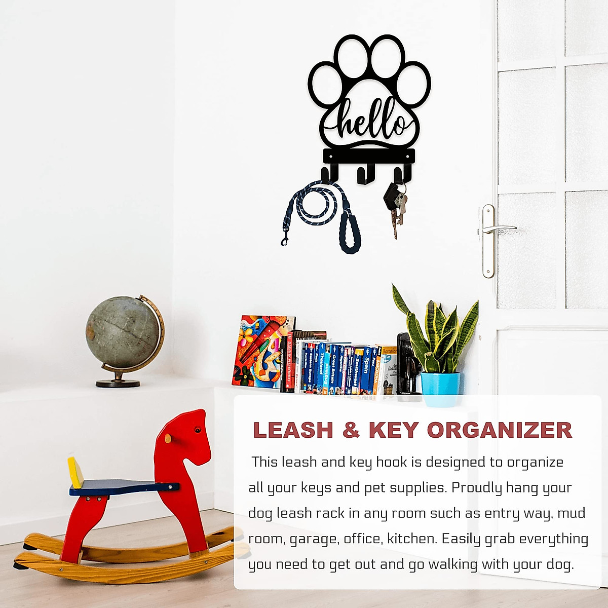 Dog Leash Holder for Wall, Leash Holder Wall Mount,Dog Stuff Storage Organizer, Wall Mount with Hello - Dog Leash, Dog Stuff, Key, Organizer Wall for Entryway,Dog Paw Shape Leash Hook Black