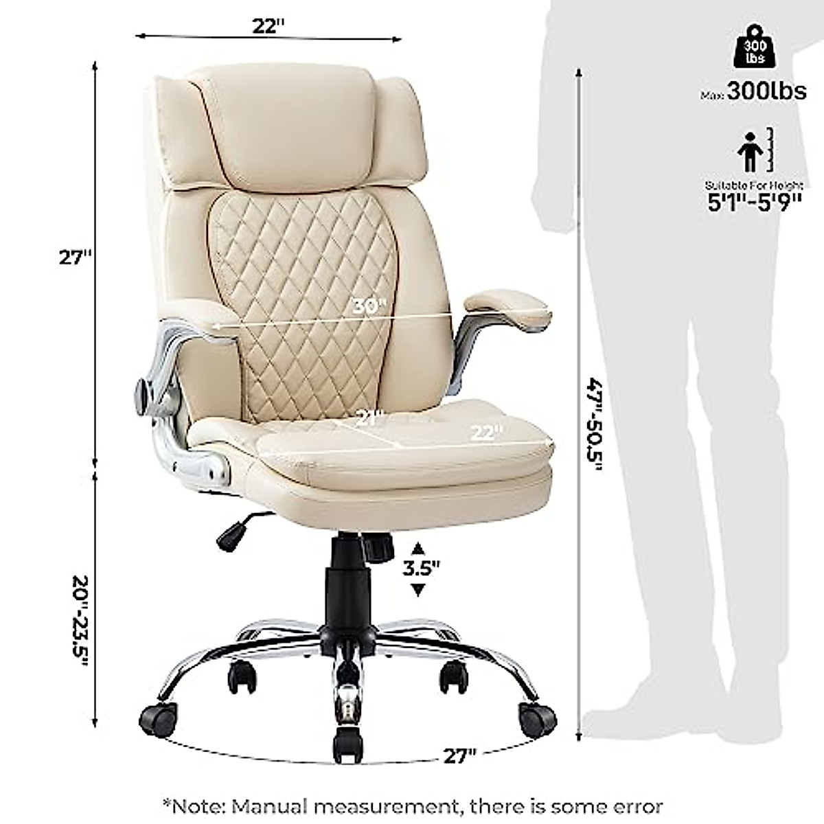 HOMYEDAMIC High Back Office Chair with Adjustable Arms, PU Leather Computer Executive Chairs Big Tall Swivel Ergonomic Adjustable Tilt Angle, Wide Thick Seat, Design for Back Pain(Beige)
