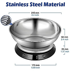 CHWARES Food Scale, Digital Kitchen Scale with Bowl Stainless Steel, Rechargeable Digital Scales Grams and Ounces for Weight Loss, Dieting, Baking, Cooking, and Meal Prep, 11lb/5kg, 0.1oz/1g