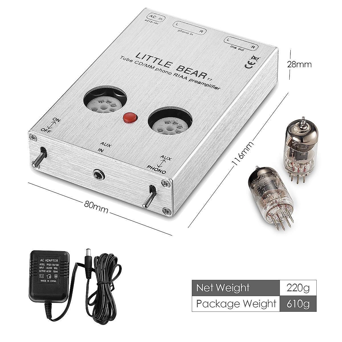 Nobsound Little Bear T7 Vacumn Tube Mini Phono Stage RIAA MM Turntable Preamp & HiFi Tube Pre-Amplifier (Silver)