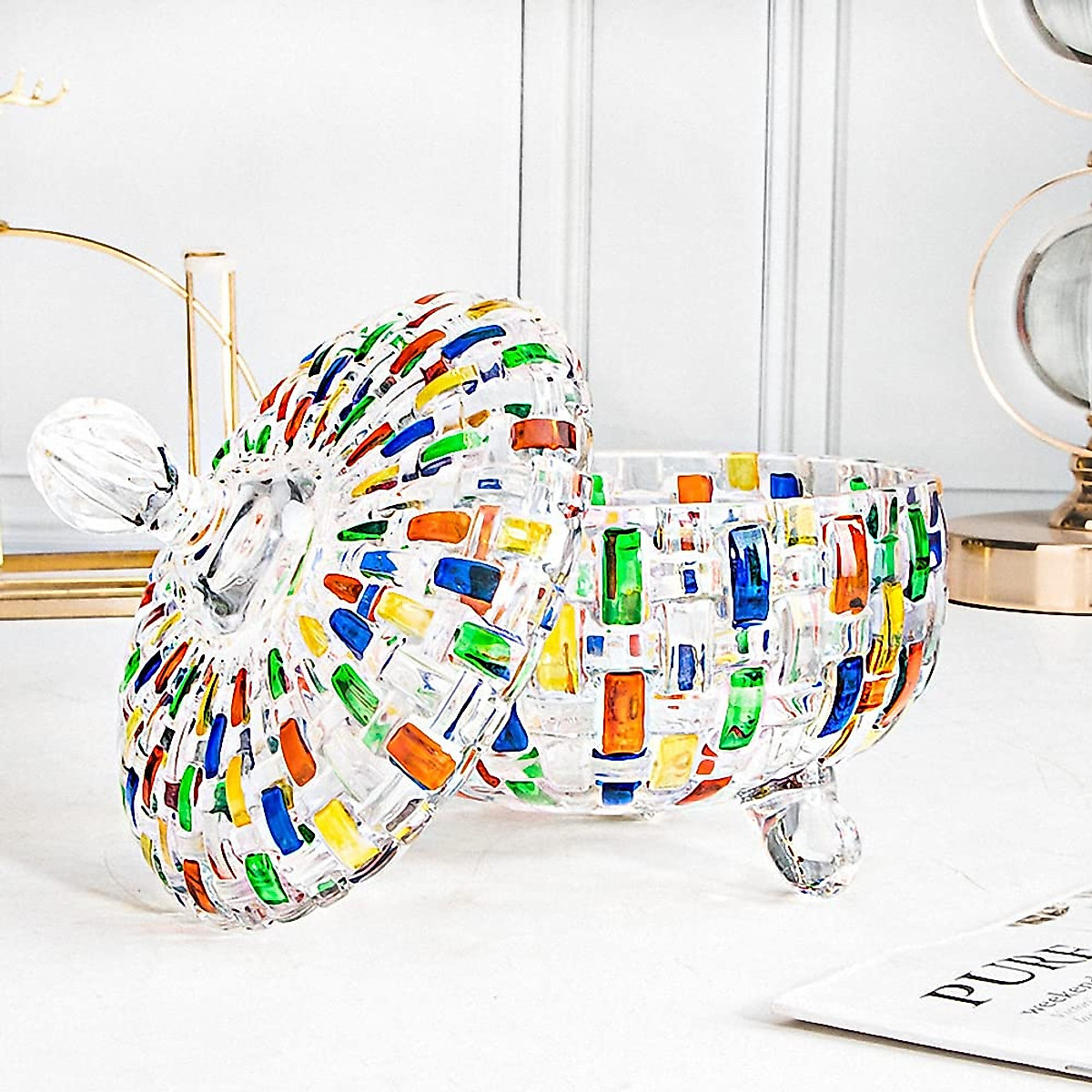 MAGCOLOR Elegant-Hand Painted Colorful Woven Easter Large Crystal Glass Candy Box candy servers,candy jars with Lid,Jewelry Box,Storage Jar,Candy dish covered,Great Gift for Family Friends-24 oz.