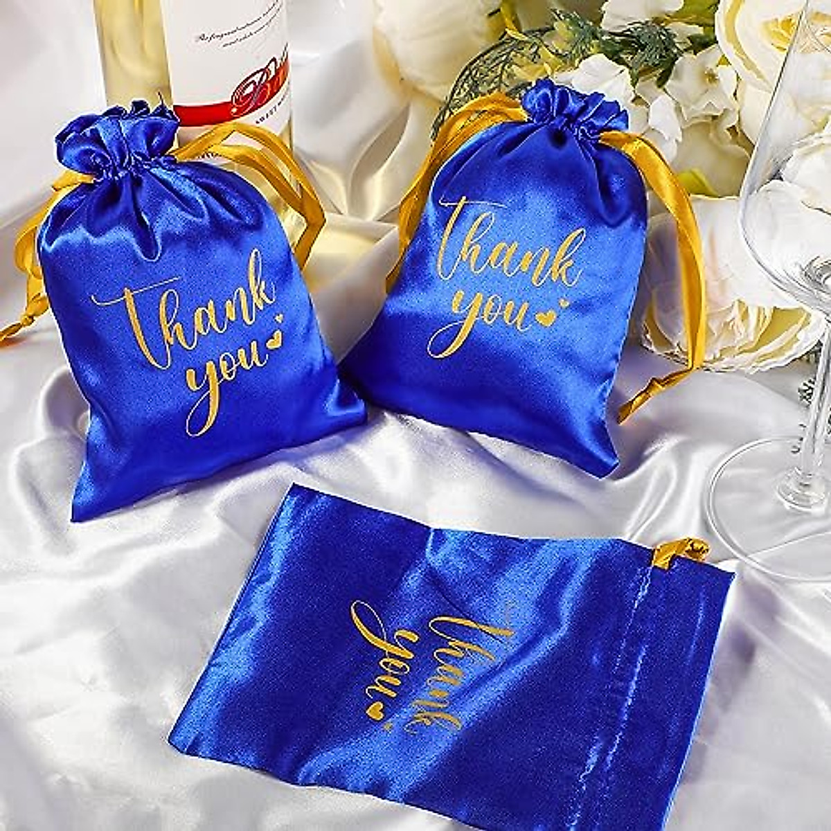 30 Pcs Thank You Satin Gift Bags 5 x 7 Inches Drawstring Jewelry Pouches Small Satin Candy Bags for Guest Wedding Birthday Baby Shower Business Party Favors Bags (Royal Blue)