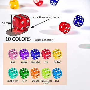 Dice Set 100 Pcs, 16MM (5/8 inches) 6 Sided Translucent Colors Game Dice,10 Colors, with Black Pouch