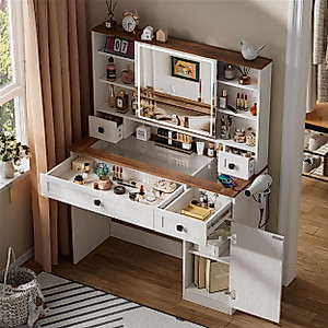 PAKASEPT Vanity Desk with Sliding Mirror and Lights, Glass Tabletop Makeup Vanity with 3 Lighting Modes, White Vanity Table with Power Strip&Hooks, Hidden Shelves, Girls Bedroom Vanities Set