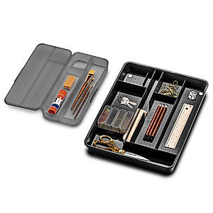 madesmart Junk Drawer Organizer Ultimate Tray-CARBON COLLECTION Multi-Purpose, Portable Top Case & Lidded Bins, Non-Slip Feet & BPA-Free, Large