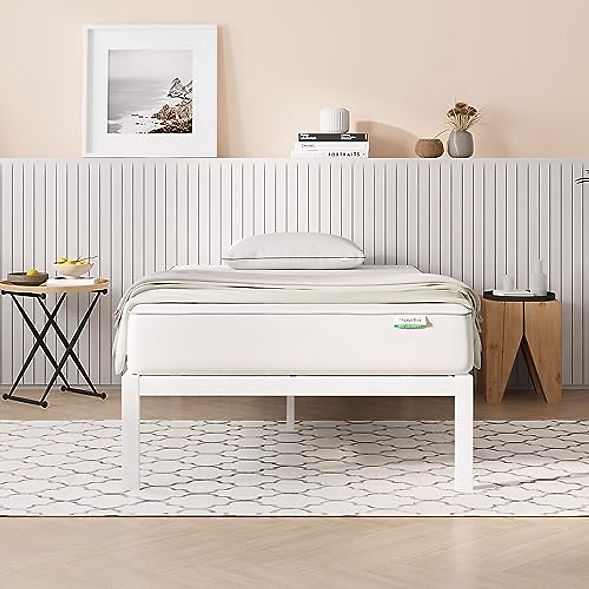 Novilla Metal Platform Bed Frame, Wood Slat Support, No Box Spring Needed, Easy Assembly, White, Twin