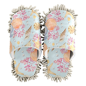 Kigai Microfiber Cleaning Slippers Watercolor Seashells Starfish Washable Mop Shoes Slipper for Men/Women House Floor Dust Cleaner, Size L
