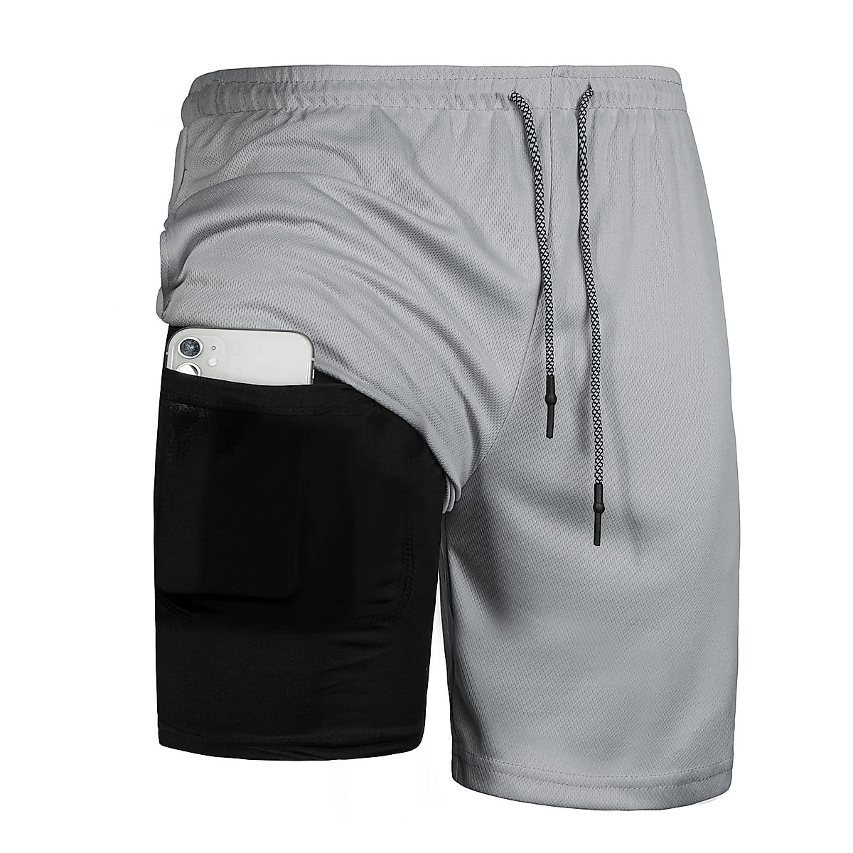 Mens Athletic Shorts, 2-in-1 Gym Workout Shorts for Men Mesh Quick Dry Yoga Training Running Shorts with Pockets,Grey,L