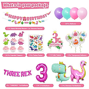 Mpanwen Girl Dinosaur Birthday Party Decorations, Three Rex Pink Dinosaur Dino Party Supplies for Girls Baby - Banner, Cake, and Cupcake Toppers, Balloons