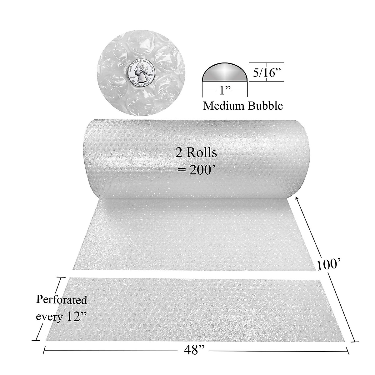 UOFFICE Bubble Cushioning Wrap Roll - 48" Wide x 200' ft - Medium 5/16" Bubbles