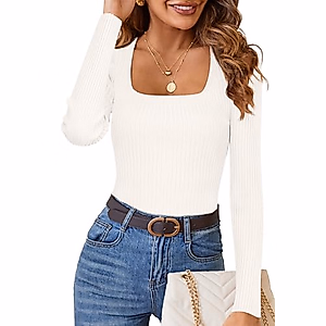 MEROKEETY Women's 2024 Square Neck Long Sleeve T Shirts Slim Fitted Ribbed Knit Casual Tee Tops, White, S