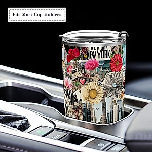 Retro Collage Style Unique Stainless Steel mugs for hot and cold with Straw Leak Resistant Flip coffee travel mug 20oz for Water, Iced Tea or Coffee Aesthetic travel coffee tumbler 20 OZ