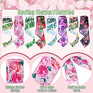 Kuscul 32 Yards Floral Wired Ribbon 8 Rolls Watercolor Rose Flower Ribbon Mother's Day Wired Edge Ribbon Spring Summer Gift Wrap Ribbon for Hair Bow Sewing Wedding Home Wreath Decor, 2.5in/ 1.5in