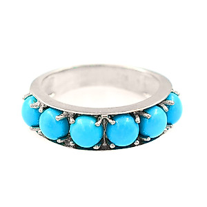5 MM Round Cabochon Natural Sleeping Beauty Turquoise Gemstone 925 Sterling Silver December Birthstone Cluster Unisex Proposal Ring For Girlfriend Gift (Rhodium Plated Silver, 9.5)