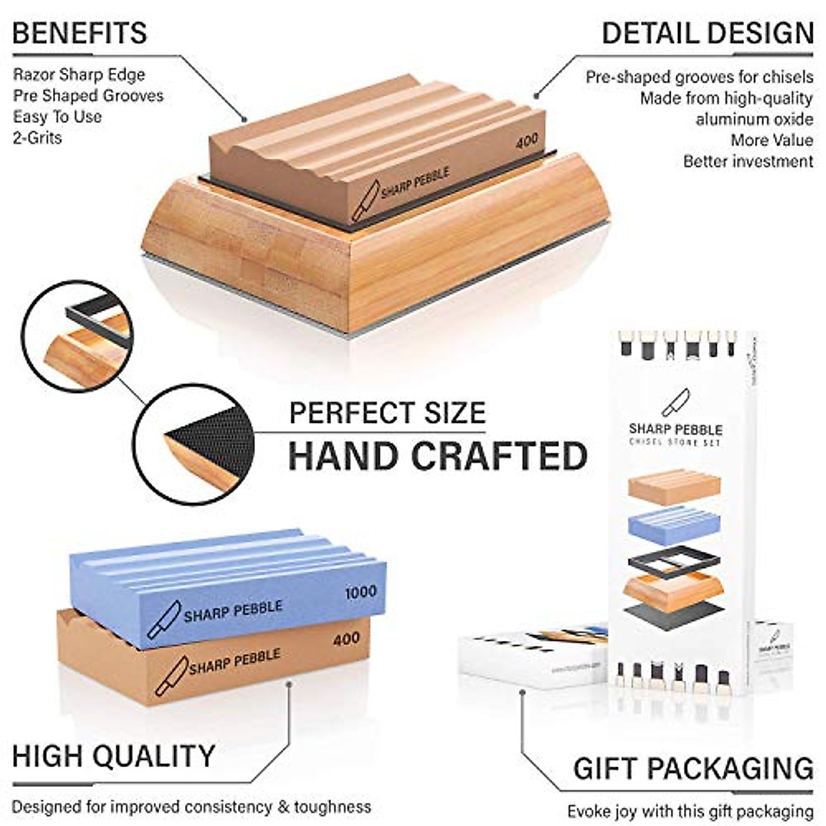 Sharp Pebble Sharpening Stones for Wood Carving Tools-Two Whetstones Grit 400 & 1000 Gouge Sharpener- Waterstone Sharpening System for Wood Carving Knives & Chisels with Non-Slip Bamboo Base