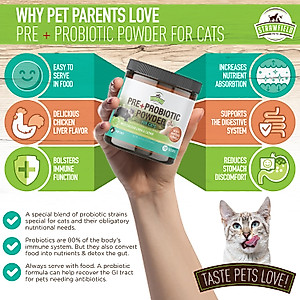 Strawfield Pets' Pre + Probiotic Powder for Cats with Catnip Probiotic for Cats Diarrhea Relief Supplement Natural Chicken Liver Flavor 120 Grams / 120 Scoops