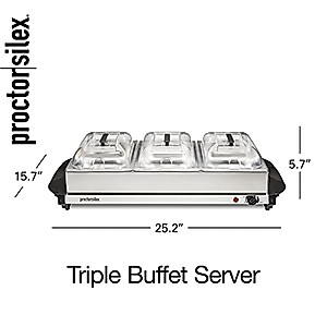 Proctor-Silex Buffet Server & Food Warmer, Adjustable Heat, for Parties, Holidays and Entertaining, Three 2.5 Quart Oven-Safe Chafing Dish Set, Stainless Steel