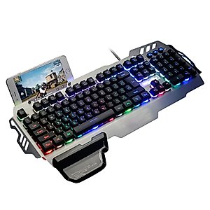 MUMUJJ Computer Gaming Mechanical Keyboard, 7-Color Rainbow Backlit Effect, with Mobile Phone Holder, Multimedia Shortcuts, Black