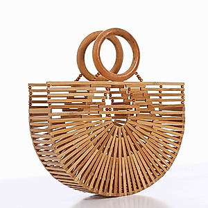 RULER TRUTH Womens Bamboo Handbag Straw Purse With Ring Handle Handwoven Straw Tote for summer Beach