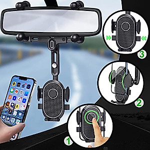 Rearview Mirror Phone Holder for Car, Rotatable and Retractable Car Phone Holder Mount, 360° Rotating Rear View Mirror Phone Holder Multifunctional Adjustable Mount for All Smartphones and Cars