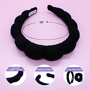 FROG SAC Puffy Spa Headband and Wristbands for Face Washing, Skincare Headbands for Women, Terry Cloth Makeup Skin Care Headbands for Girls, Bubble Make Up Hair Accessories (Black)