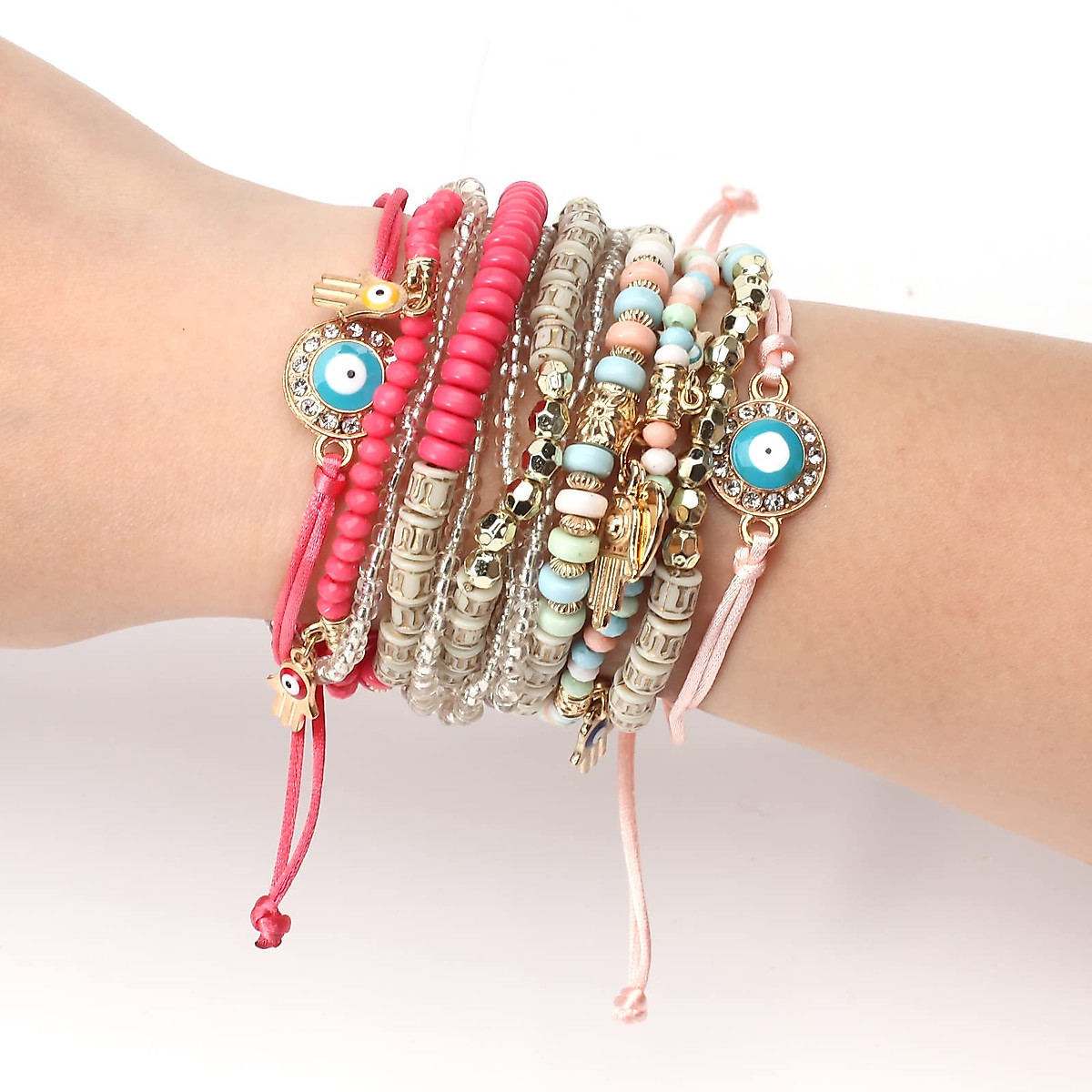 WuCuifu Stackable Bracelets for Women - 8 Packs Bohemian Stretch Bracelets Multi-color Jewelry for Women Evil Eyes Bracelets, Pink