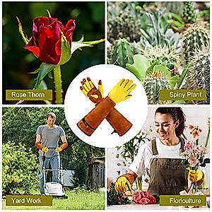 2 Pairs Long Gardening Gloves for Women Men Thorn Proof Rose Pruning Gloves Heavy Duty Gauntlet Leather Work Garden Gloves (Yellow, Large)