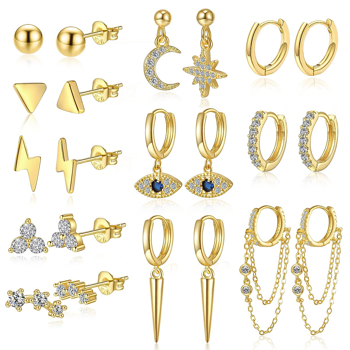 OPFIV 11 Pairs 14K Gold Plated Cartilage Studs Earrings and Hoops Set for Multiple Piercing Hypoallergenic Dainty Star Moon Evil Eye CZ Ball Chain Hoop Dangle Earrings for Women