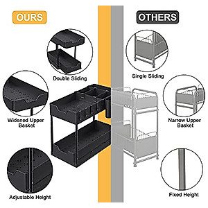 Under Sink Organizers and Storage, 2 Tier Sliding Under Cabinet Organizer with Adjustable Height, Multi-purpose Under Sink Kitchen Bathroom Organizer and Storage with Hook, Hanging Cup, Dividers