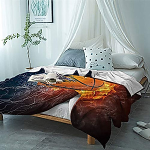 Ultra Soft Flannel Fleece Bed Blanket Basketball on Fire and Water Flame Splashing Lightning Throw Blanket All Season Warm Fuzzy Light Weight Cozy Plush Blankets for Living Room/Bedroom 40 x 50 inches
