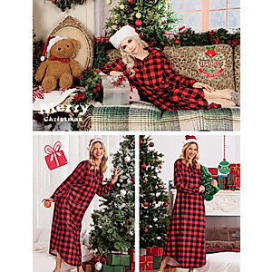 Ekouaer Women's Nightgown Long Sleeve Nightshirt Full Length Loungewear Plaid Sleepwear With Pockets, Red Plaid, Large