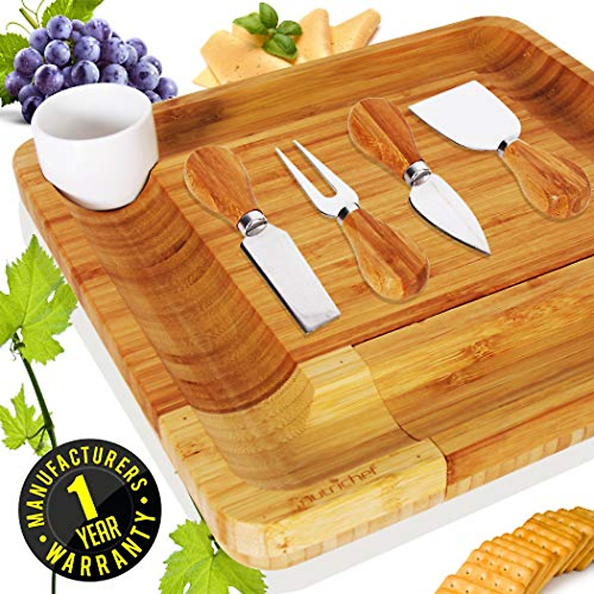 Bamboo Cheese Cutting Board Set - Flat Wood Serving Platter for Picnic Food or Wine, Rectangle Fruit and Meat Plate Kit w/Bowl, Closing Drawer Tray, 4 Stainless Steel Knives - NutriChef PKCZBD10