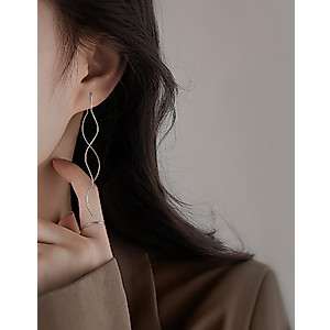 Reffeer Solid 925 Sterling Silver Double Linear Curved Tassel Earrings Threader Drop Dangle Earrings Perfect For Women