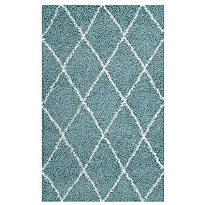 Modway Toryn Diamond Trellis 5x8 High Pile Shag Area Rug With Lattice Design In Aqua Blue and Ivory