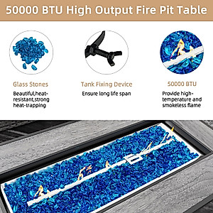 JAMFLY Outdoor Propane Fire Pit Table 45 Inch with Lid, 50,000 BTU Gas Fire Pits for Outside Patio with Glass Wind Guard,Clear Blue Glass Rocks,Waterproof Cover, Gray