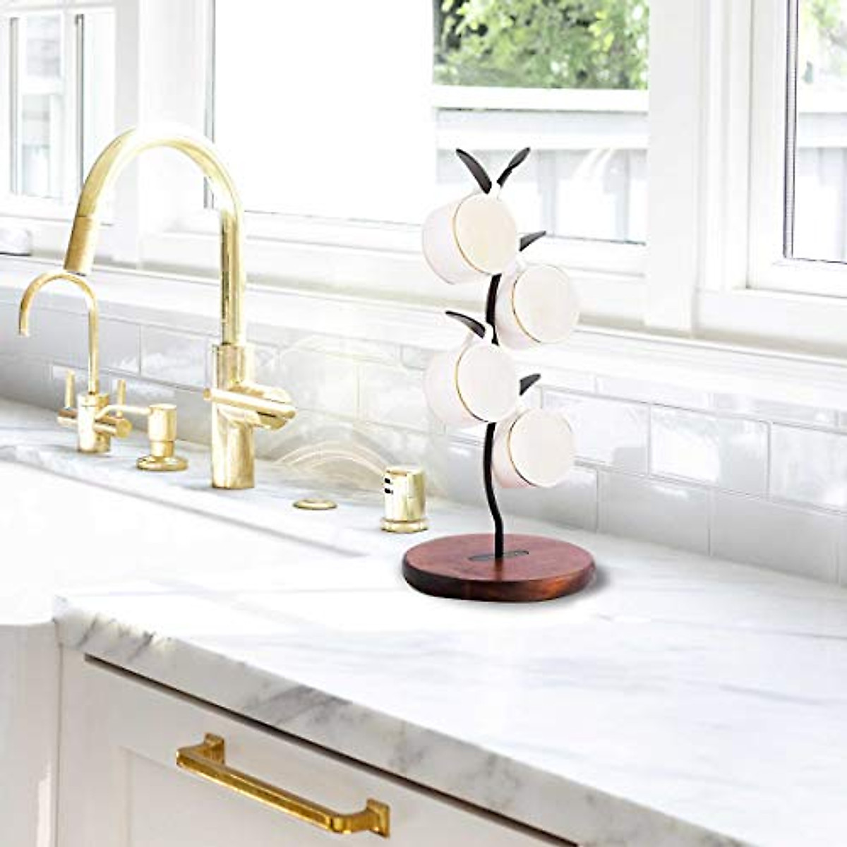 Mug Tree, Coffee Cup Holder for Counter, Tea Cup Storage Rack Countertop, Cafe Accessories Decor & Kitchen Organizer Storage Stand, Black