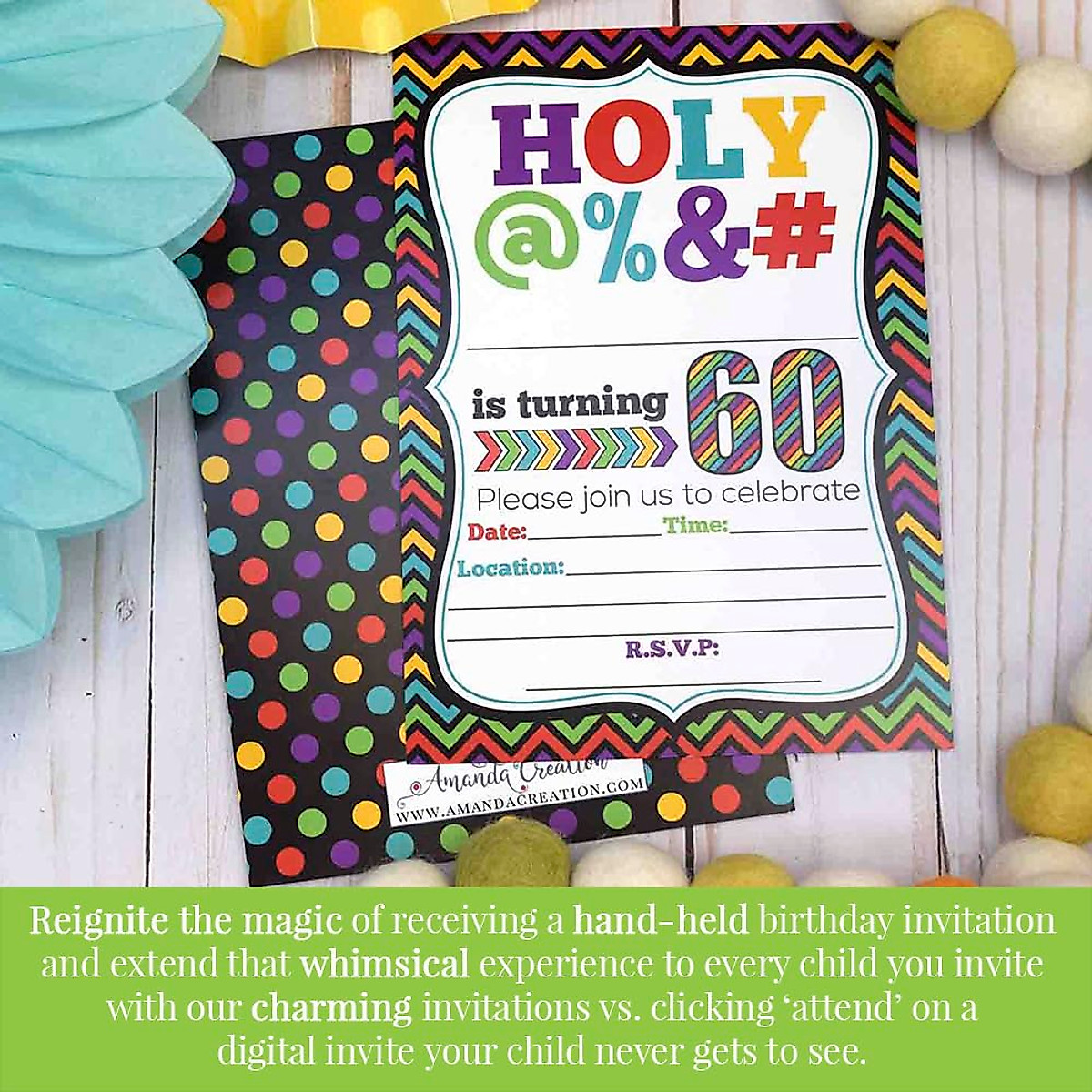 HOLY @% 60th Birthday Party Invitations, 20 Funny 5x7 Fill In Cards with Twenty White Envelopes for Milestone Birthdays by AmandaCreation