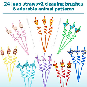NiHome 24 Reusable Plastic Animal Straws with 2 Cleaning Brushes, Dolphin Dinosaur Lion Shark Jungle Safari Party Favors Kids Birthday Decorations for Boys Girls, Fillers for Baby Shower Goodie Bags