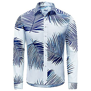 EUOW Mens Hawaiian Shirts Floral Printed Casual Long Sleeve Button Down Beach Dress Shirts (YZ Blue, S)