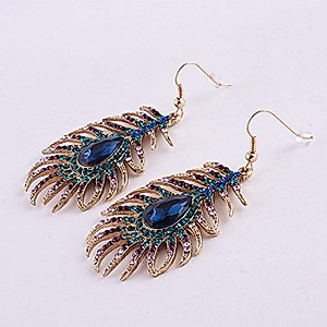 Frogwill Womens Crystal Hook Earrings Sparkling Rhinestone Peacock Feather Dangle Earrings (Blue)