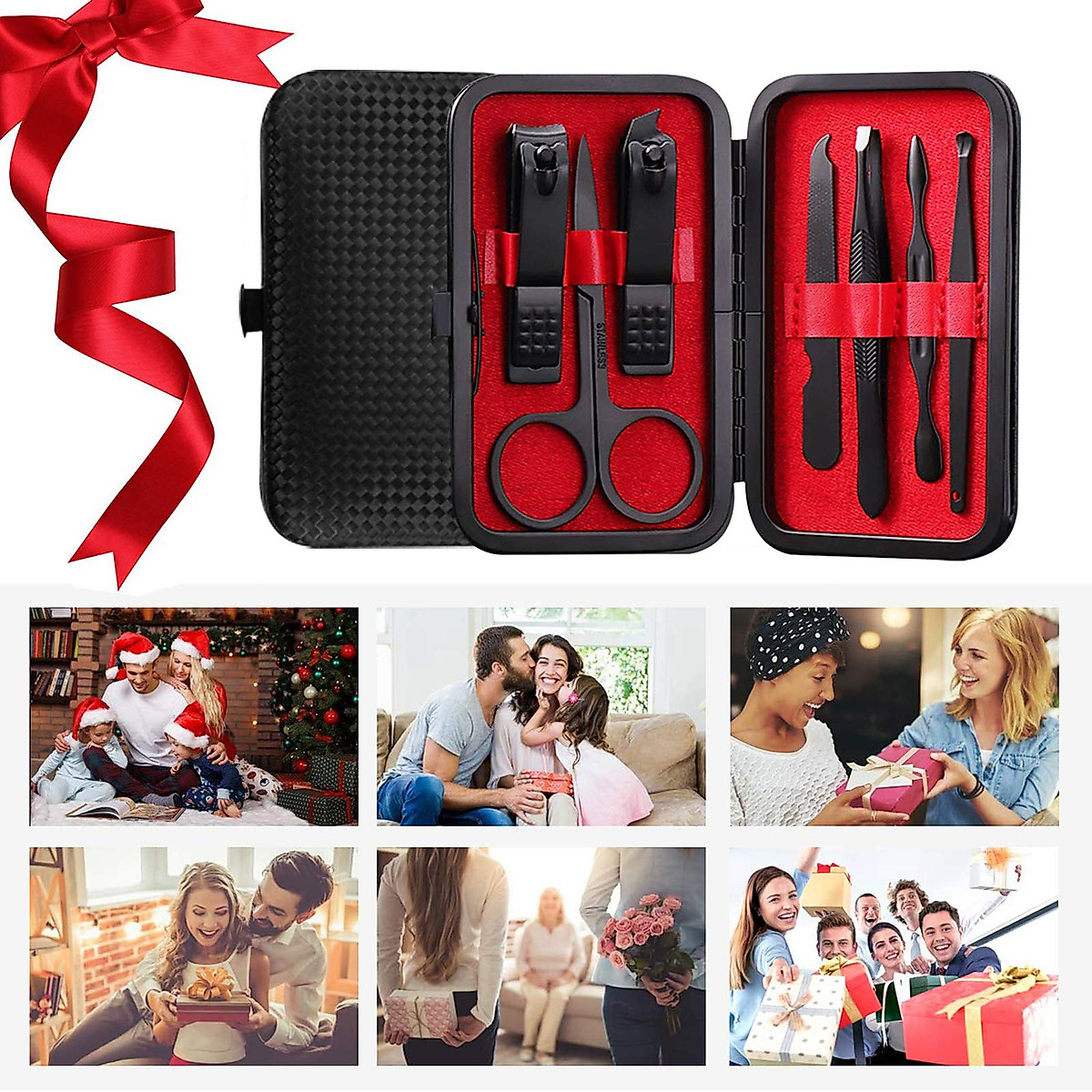 Manicure Set Pedicure Kit Professional 19 Pcs Nail Clipper for Men & Women Stainless Steel Sharp Cutter Grooming Nose Hair Scissors…Black Fingernails & Toenails with Portable Case (Red_7 pieces)