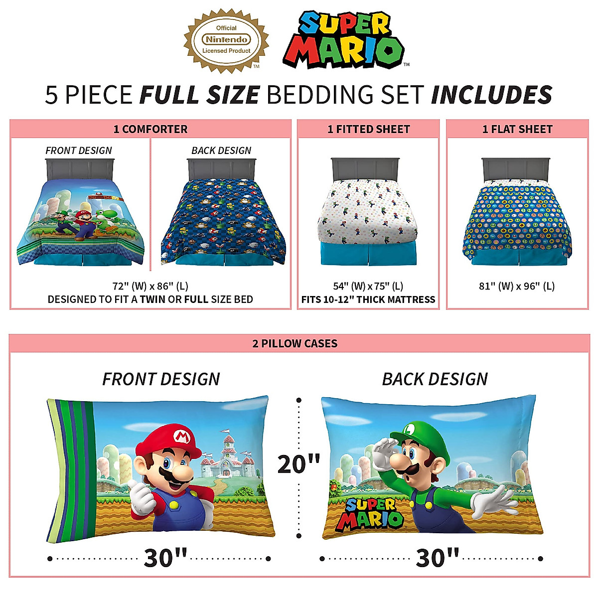 Franco Kids Bedding Super Soft Comforter and Sheet Set, (5 Piece) Full Size, Mario