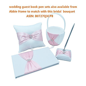 Abbie Home 8 Inches Bride Wedding Bouquet - Satin Roses with Pearls Rhinestone Brooches Accessories (Blush Pink & Creamy White)