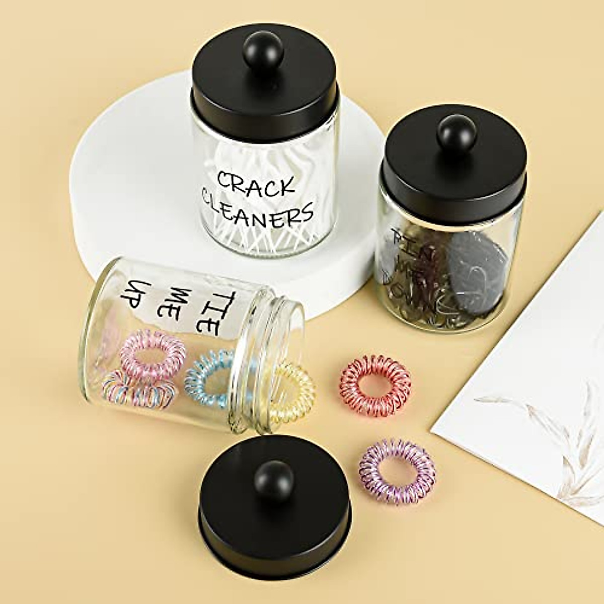 Glass Qtip Holder Dispenser, Transparent Apothecary Jars with Lid.Bathroom Vanity Countertop Organizer. Storage Container for Cotton Swabs, Balls, Cotton Pad, Floss & More - Set of 6